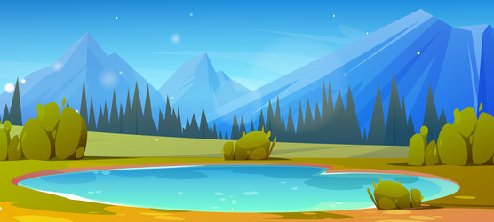 Cartoon landscape with lake and mountains Vector Image