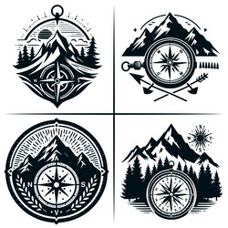 Compass with mountain scene silhouette file Vector Image