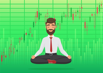 Happy man trader meditating under rising crypto Vector Image