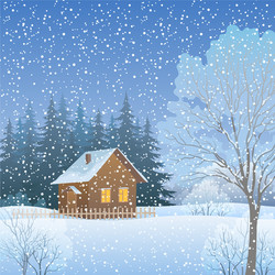 Wood house at winter season snowing Royalty Free Vector
