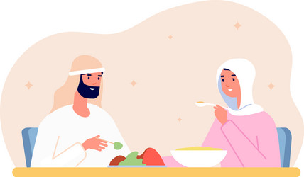 Cartoon happy muslim family celebrating in iftar p