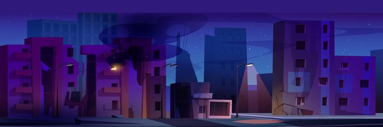 Destroyed and abandoned city at night with full Vector Image