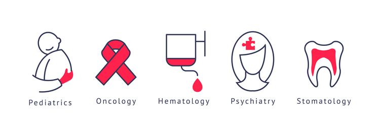 Different hospital department flat icons with name