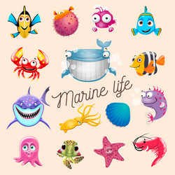 Cute cartoon sea animals with names flashcards Vector Image