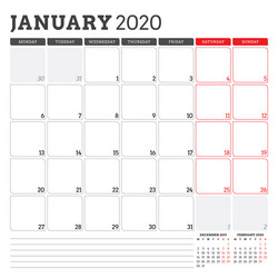 A calendar january 2020 with doodles Royalty Free Vector