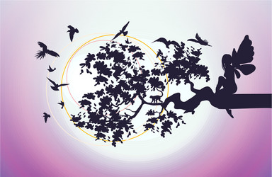 Figure set flock flying birds on tree Royalty Free Vector