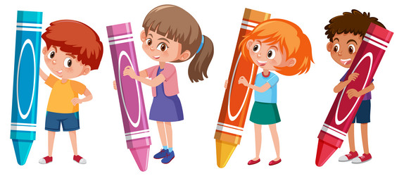 Cartoon boy holding blue crayon stick Royalty Free Vector
