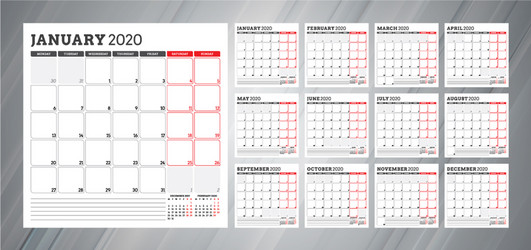 Calendar planner for 2020 year stationery design Vector Image