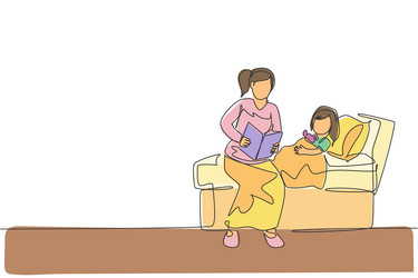 One line drawing of young happy mother accompany Vector Image