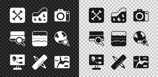 Set soil analysis ground photo camera archeology Vector Image