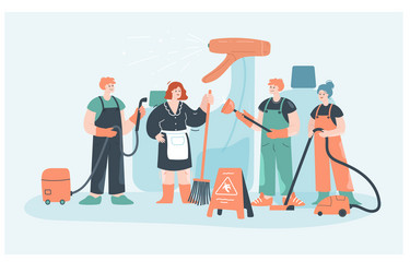 Team of cartoon janitors cleaning office Vector Image