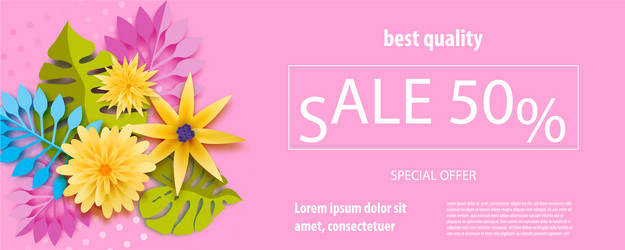 Horizontal paper tropical flower sale banner Vector Image