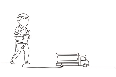 Single continuous line drawing boy playing Vector Image