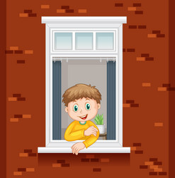 Cartoon little boy cry and watching out the window
