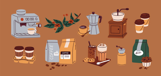 Coffee elements set machine brewing tools Vector Image