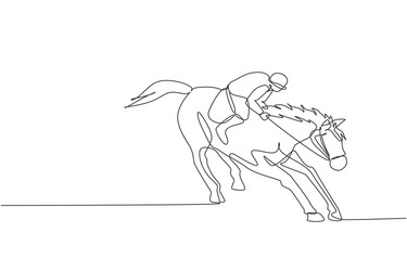 One continuous line drawing young horse rider man Vector Image