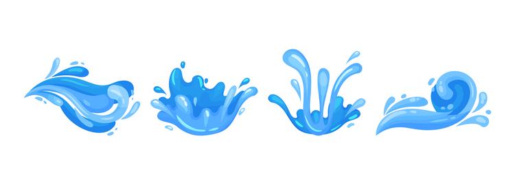 Blue curved water splashes with drops set Vector Image