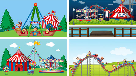 Four scenes with many rides in fun fair Royalty Free Vector