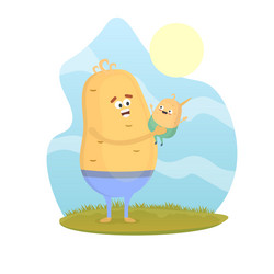 Potato man character walking with young Royalty Free Vector