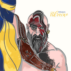 Ukrainian cossack with flag welcome to ukraine Vector Image