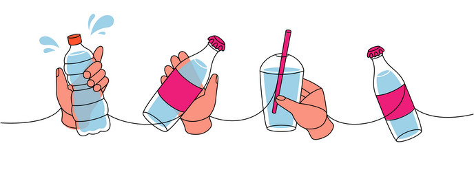 Hands with plastic bottles one line continuous Vector Image
