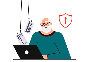 A frustrated and sad man looks into computer Vector Image