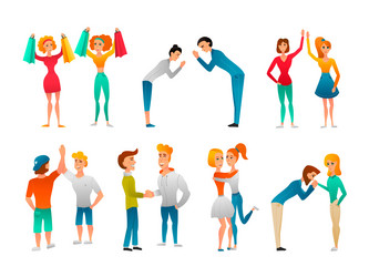 Smiling boy and girl characters greeting waving Vector Image