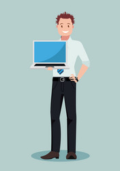 A businessman shows laptop Royalty Free Vector Image