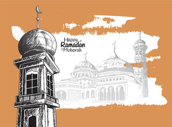 Ramadan mubarak mosque tower and ribbon Royalty Free Vector