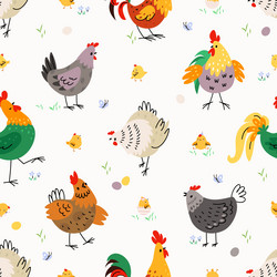 Seamless pattern with cute roosters chickens Vector Image