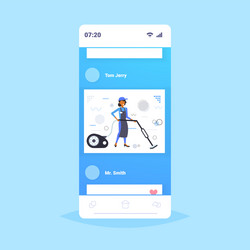 Fat woman using vacuum cleaner female janitor Vector Image