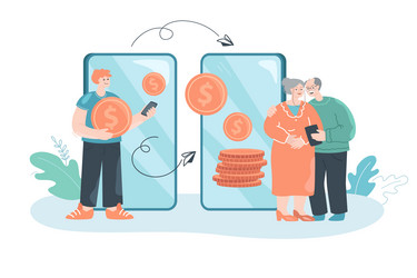 Cartoon son using mobile app to transfer money Vector Image