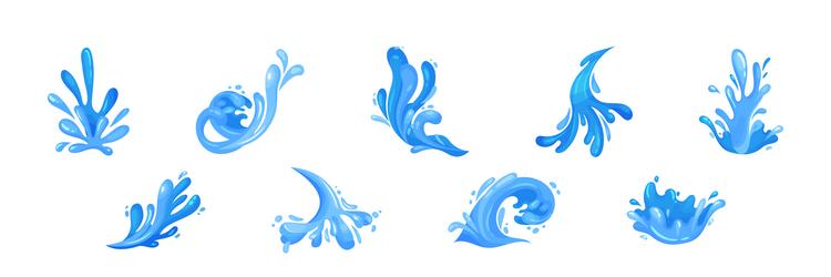 Blue curved water splashes with drops set Vector Image
