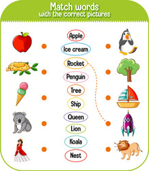 Word to picture matching worksheet for children Vector Image