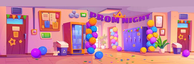 Mess in school hallway after prom night party Vector Image