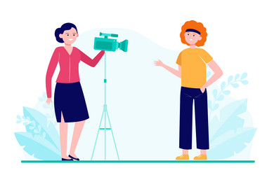 Two women shooting movie interview or video Vector Image