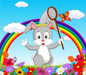 Boy are playing with three rabbits Royalty Free Vector Image
