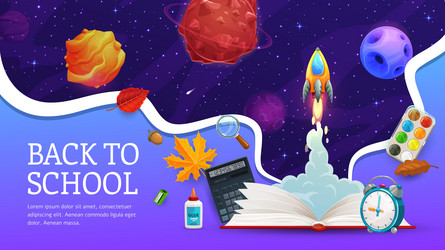 School book with rocket launch and space landscape
