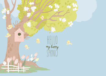 Cartoon frame with spring forest and birds Vector Image