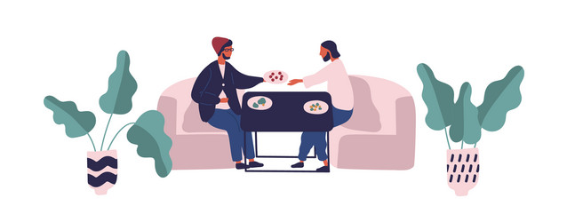 People eating at table sitting and talking Vector Image