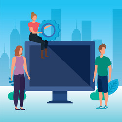 Group people with desktop computer Royalty Free Vector Image