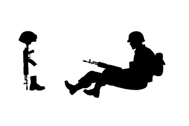 Army soldier in sorrow for fallen comrade Vector Image