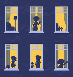People window silhouettes lighting in night house Vector Image