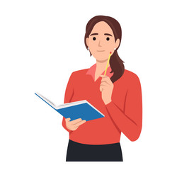 Young woman holding big pencil student girl Vector Image