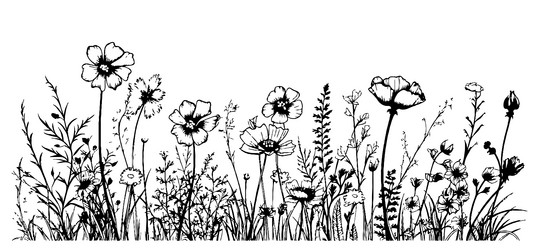Wild flower field hand drawn sketch in doodle Vector Image