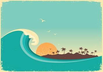 Surfer and big sea wave tropical island Royalty Free Vector