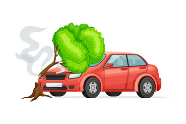 Red car crashed into big green tree auto accident Vector Image