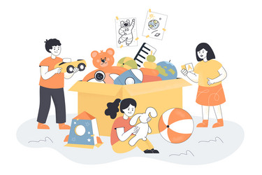 Cheerful kids playing with toys in box together Vector Image