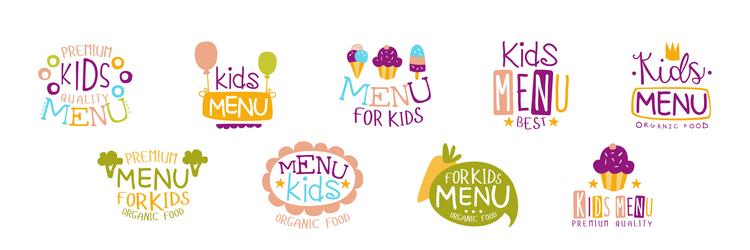 Kids organic menu and food label set Royalty Free Vector