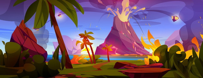 Cartoon volcano prehistoric landscape background Vector Image